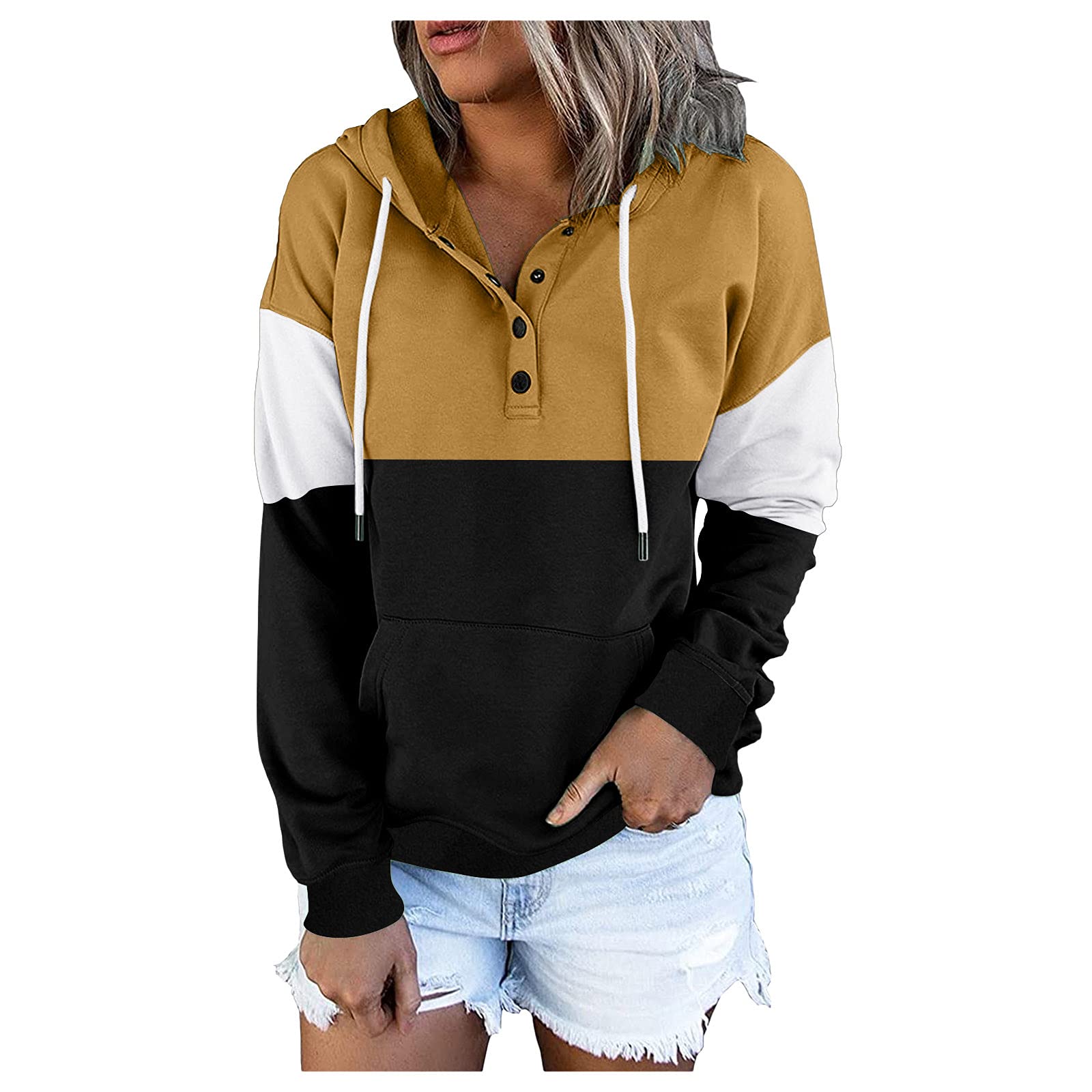 Sweatshirt For Women Trendy Print Causal Hoodies Running Pullovers Tops Fall Long Sleeve Blouse Tops With Hood and Zip Yellow