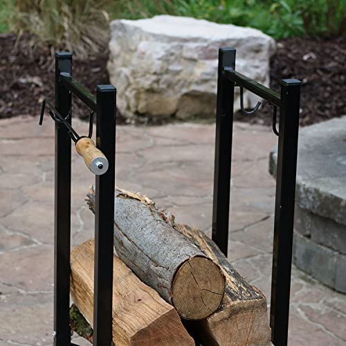 Sunnydaze Firewood Log Rack with Tool Holder Hooks - Indoor/Outdoor Durable Powder-Coated Steel Space-Saving Design - Black