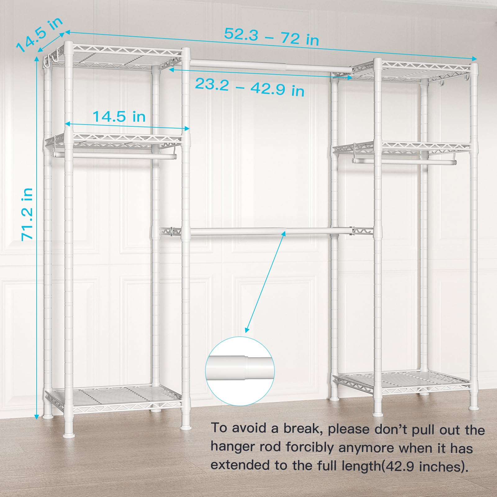 Ulif E7 Heavy Duty Garment Rack, Clothes Organizer and Storage Rack with Expandable Hangers, Metal Clothing Rack with 6 Wire Shelves, (52.3"-72") W x 14.5" D x 71.2" H, Load 740 LBS, White