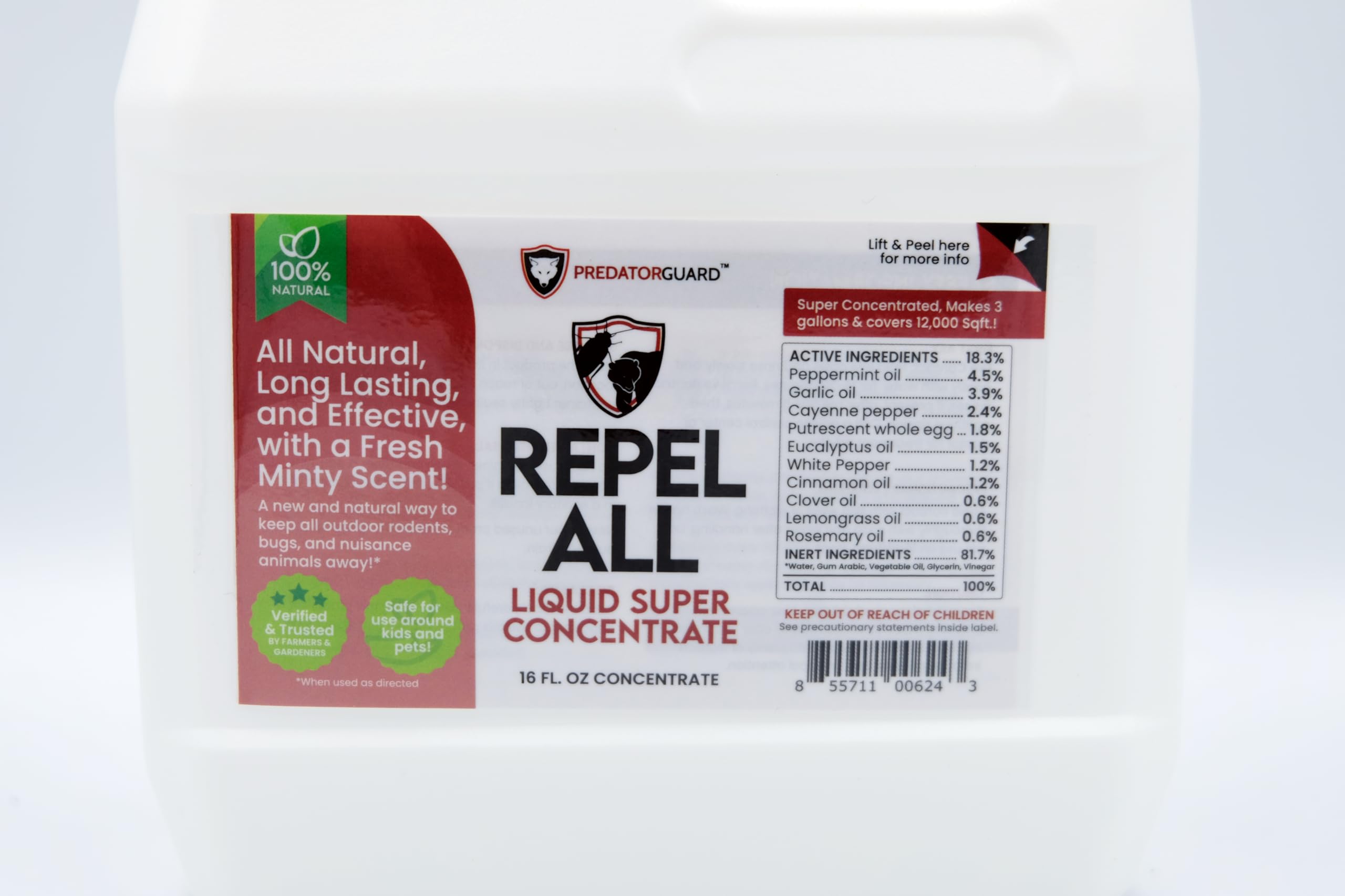 Predator Guard Repel All - Animal Repellent Liquid Super Concentrate for Rats Mice Skunk Raccoon Fox Bear Roach Mosquito Spider & Bug Spray - Treats up to 12,000 Sqft - 16 oz