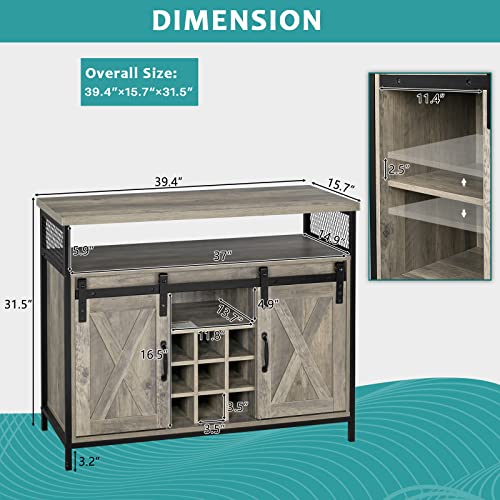 VINGLI Farmhouse Barn Door Buffet Sideboard Accent Storage Liquor Cabinet w/Removable 9-Bottle Wine Rack, Rustic Wine Cabinet Home Bar Furniture for Kitchen Dining Room (Wash Grey)