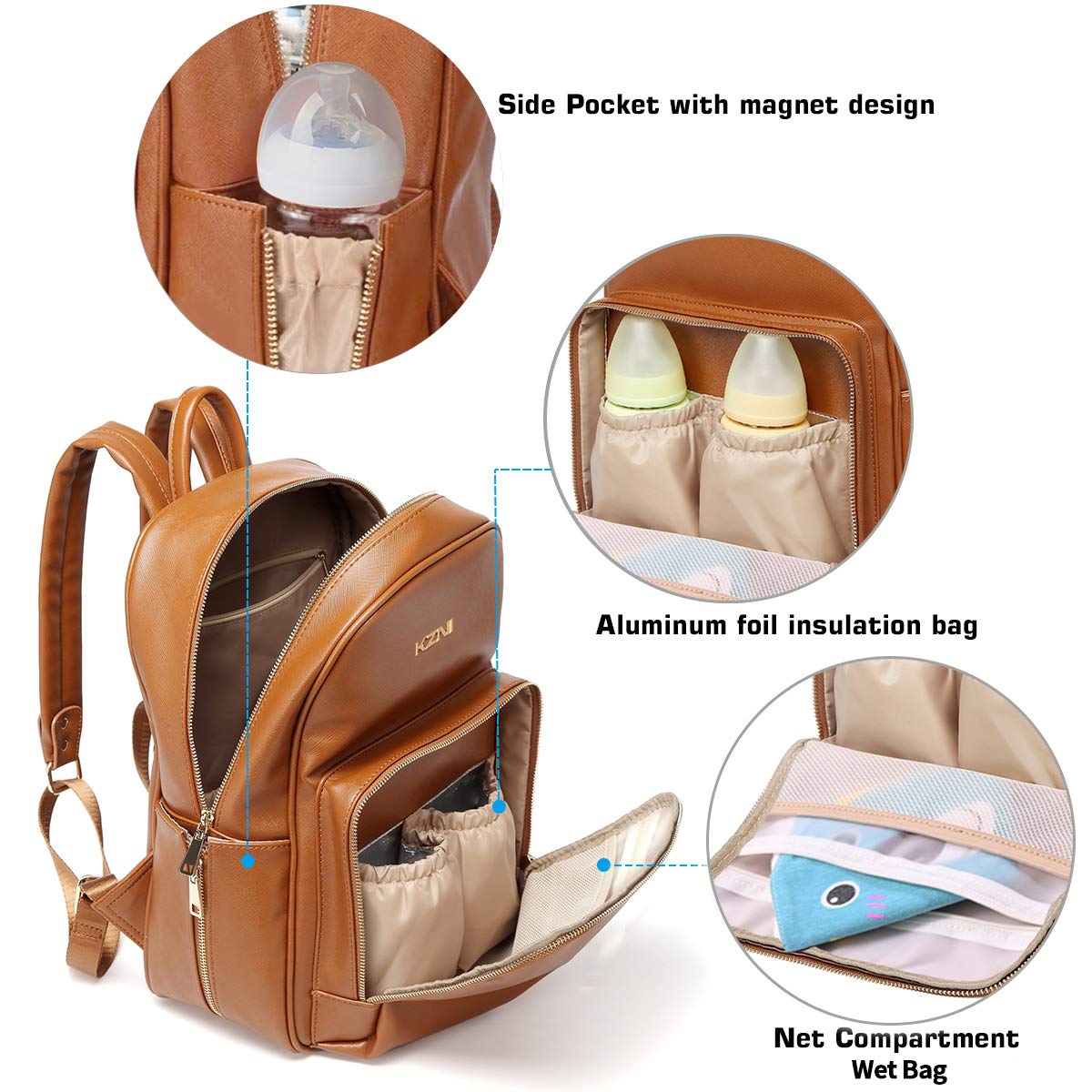 KZNI Leather Diaper Bag Backpack - Nappy Bag Baby Bags for Mom Unisex Maternity Diaper Bag with Stroller Hanger|Thermal Pockets|Adjustable Shoulder Straps|Water Proof| LargeCapacity(Brown)