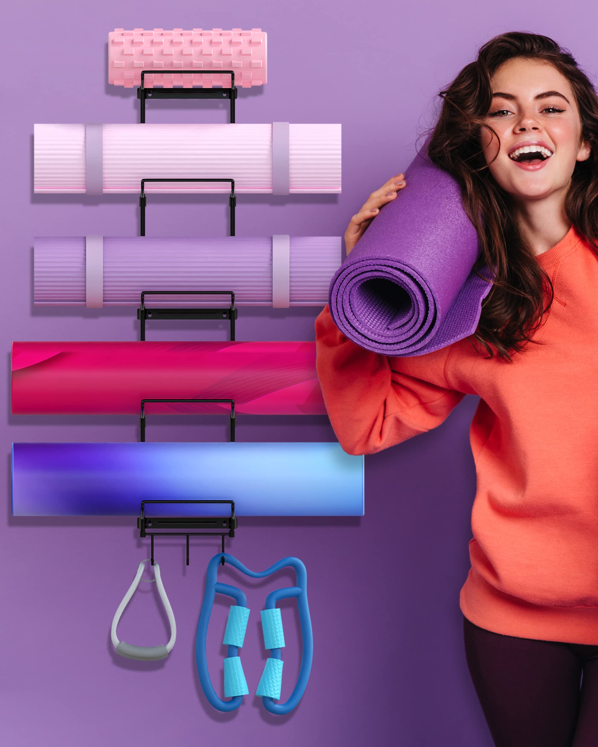 Meykwod Yoga Mat Holder Wall Mount, 5 Sectional Yoga Mat Storage Rack, with 3 Hooks for Hanging Yoga Strap, Resistance Bands