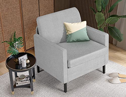 TYBOATLE Modern Upholstered Linen Fabric Accent Arm Chairs, Living Room Single Sofa Chair with Metal Legs, Comfy Reading Lounge Armchair for Small Spaces, Apartment, Bedroom, Office (Light Grey)
