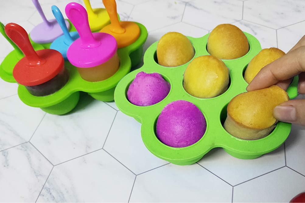 Mini Silicone Popsicle Mold, 7-cavity DIY Ice Pop Mold with Colorful Plastic Sticks, Popsicle Makers for Egg Bites, Lollipop and Ice Cream Mould, Baby Food Storage Container, Non-Stick Ice Cube Trays