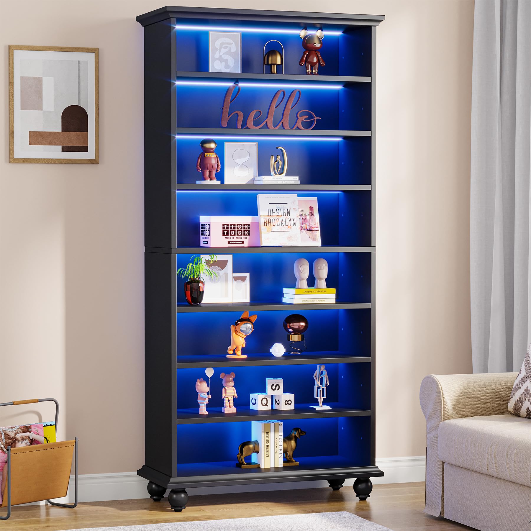 Tribesigns 69-Inch Tall Bookcase with LED Lighting, Modern 9-Tier Freestanding Bookshelf with Solid Wood Legs, Wooden Open Display Shelf Organizer for Living Room, Home Office (1, Black)