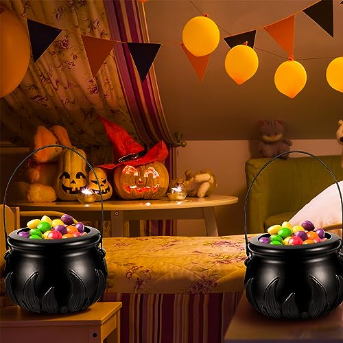 Tanlade Halloween Witch Cauldron, 3 Pcs Candy Serving Bowl on Rack with 3 Black Plastic Cauldron Bowls, Spooky Candy Bucket Punch Bowls for Halloween Party Table Home Decoration(Black)