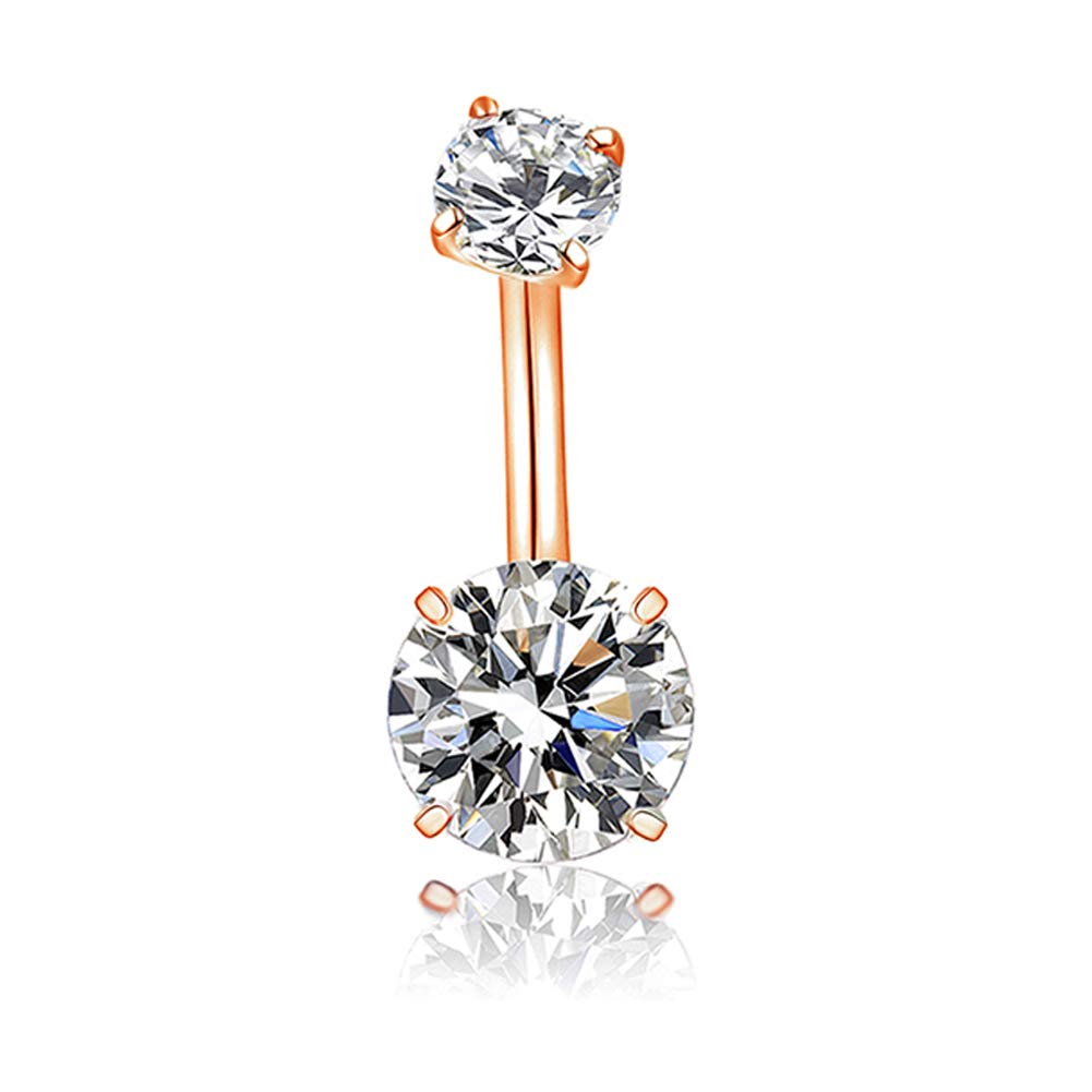 HQLA 14G Surgical Steel Belly Button Rings Round Cubic Zirconia Navel Barbell Studs Sexy Body Piercing (1 PC Clear (Rose Gold))