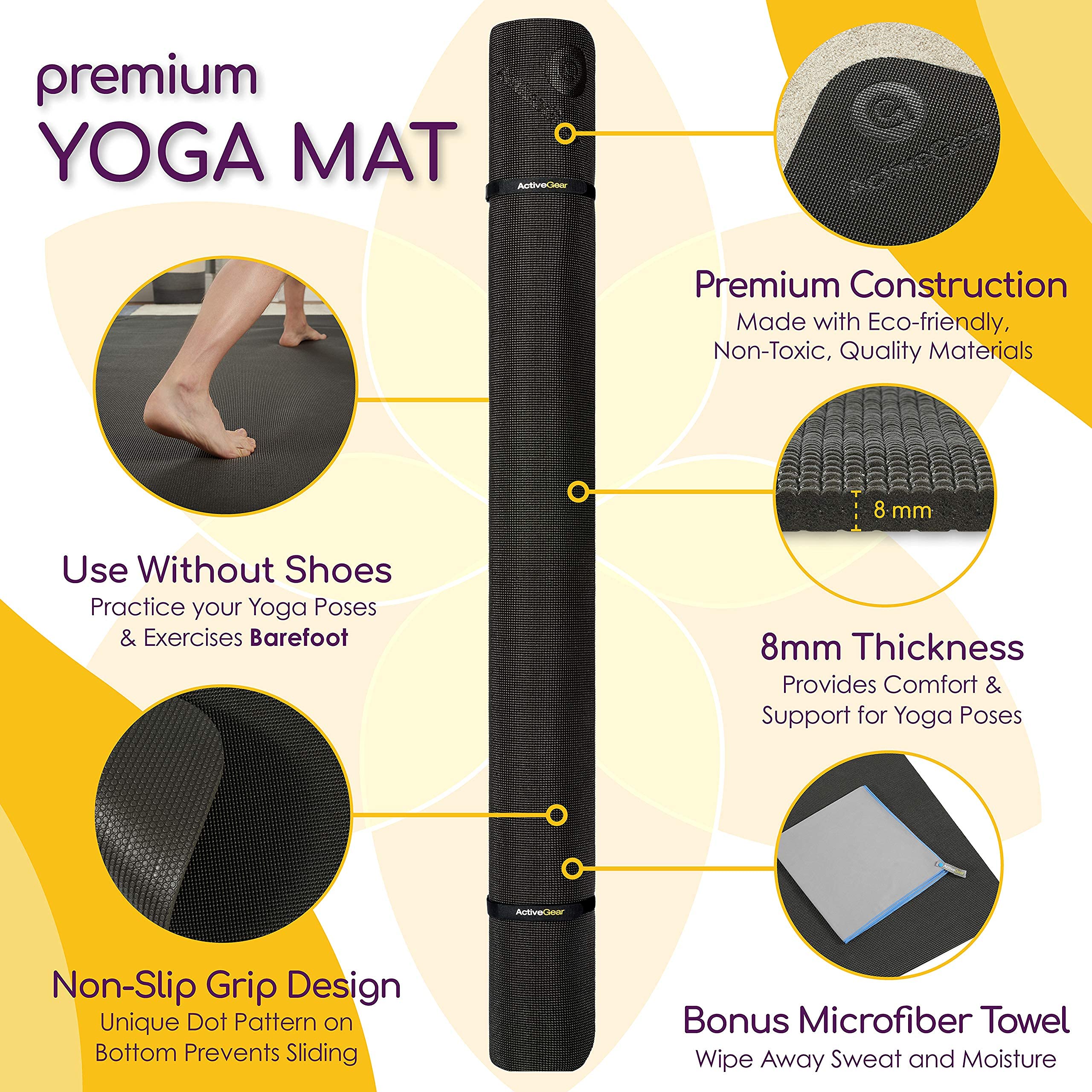 Large Yoga Mat 7'x5'x8mm Extra Thick, Durable, Non-Slip & Odorless Barefoot Exercise and Premium Fitness Home Gym Flooring Mat by ActiveGear - Black
