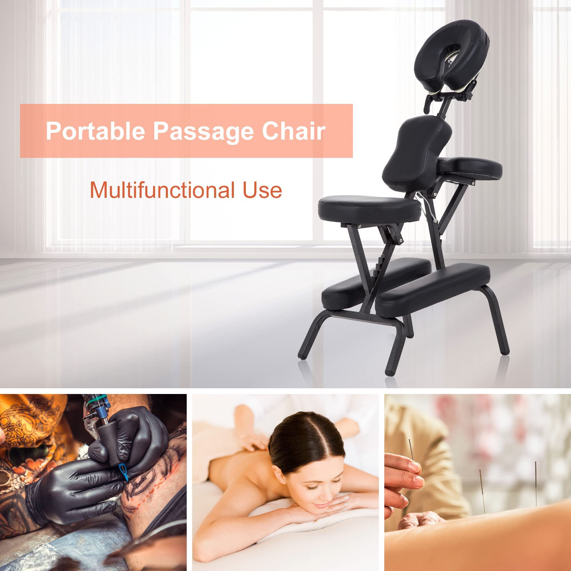 Thick Sponge Portable Foldable Massage Chairs Tattoo Chair Face Cradle Salon Massage Chair Height Adjustable Have SPA Chair Carring Bag Load Capacity 3000LBS,Black