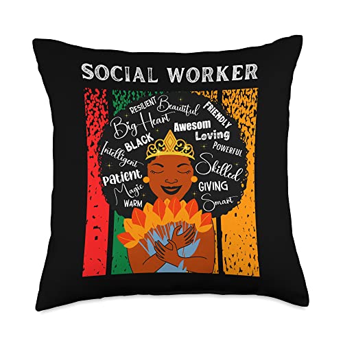 Vintage Retro Black African American Gifts Social Worker Queen Black History Month Melanin Women Throw Pillow, 18x18, Multicolor