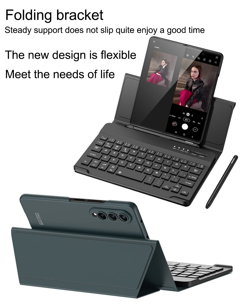 SHIEID Leather Cover for Samsung Galaxy Z Fold4 Keyboard Holster and S Pen Holder, Light Luxury Elegant with Kickstand Bluetooth Keyboard Wirelessly Connects Z Fold4 Keyboard, Green