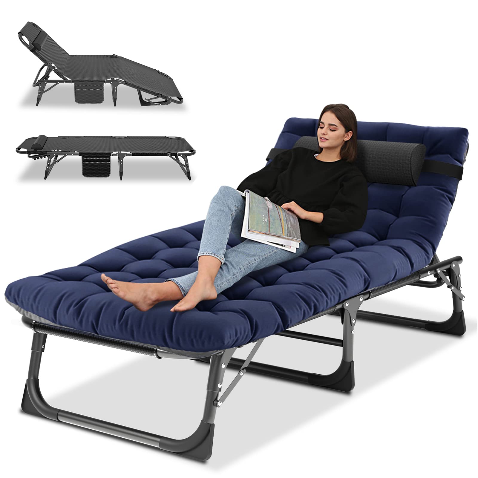 LILYPELLE Portable Folding Camping Cot, Adjustable 4-Position Adults Reclining Folding Chaise with Pillow, Outdoor Portable Folding Lounge Chair Sleeping Cots Bed for Camping, Pool, Beach, Patio