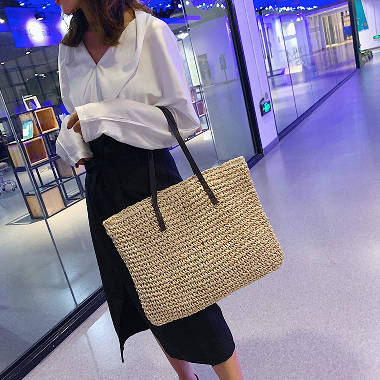 LISSO Women Summer Beach Weaving Shoulder Bag Straw Woven Large Tote for Leisure Vacation Travel (Brown)