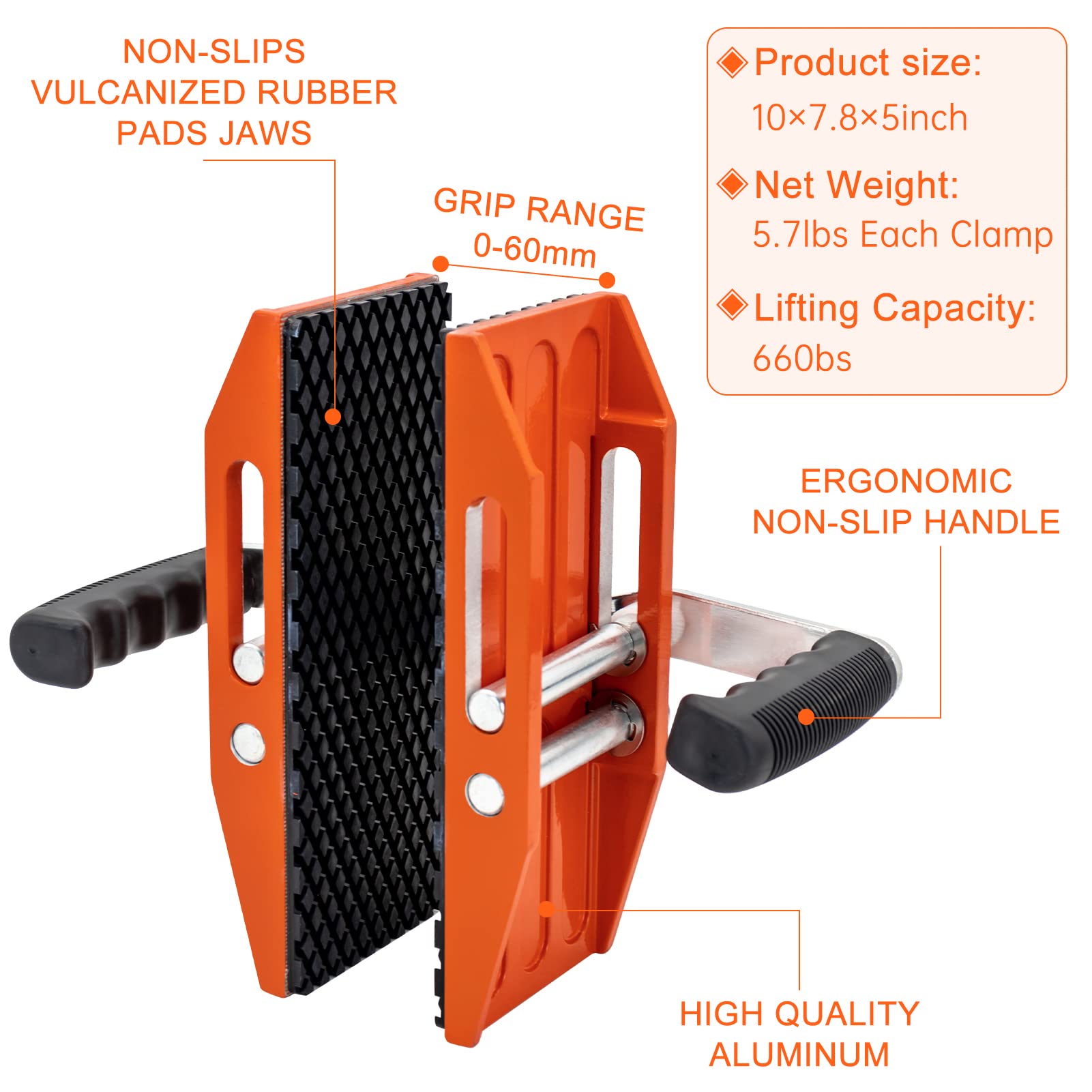 SDRTOP 2 PACK Double Handed Stone Carrying Clamps Granite Panel Carriers Lifting Tools 660lbs Transporting Heavy Duty Carry Clamp for Glass Quartz Slabs Marble with Rubber-lined (0-2.36in)