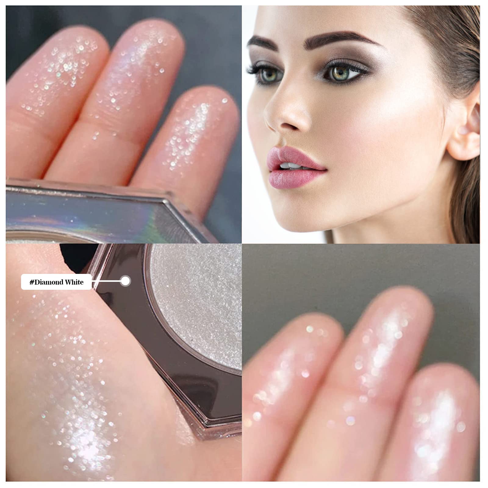 Shimmer White Highlighter Makeup Highlighter Makeup Palette Face Highlighters, Glitter Makeup Contour Highlight for Inner Coner Eyes Cheek Nose Lips and Body,Easily Show Up and Long lasting Highlighting Powder(Diamond White/Silver)