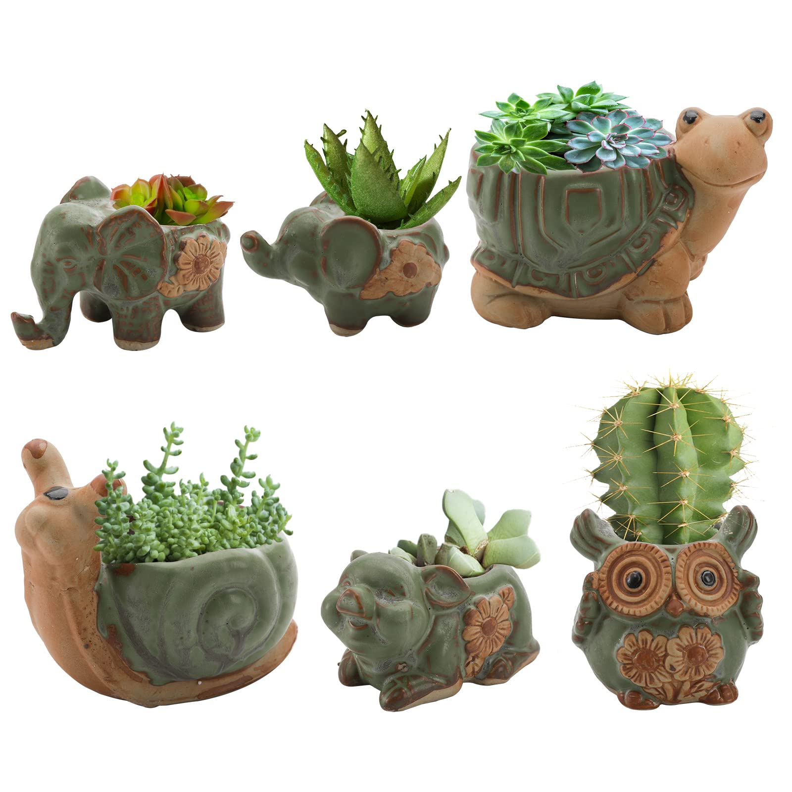 Okllen 6 Pack Mini Owl Elephant Succulent Pot with Drainage Hole, Cute Animal Ceramic Succulent Planter Set, Vintage Cactus Plant Pot for Bonsai, Small Flower Pot, Home Decor, Garden, Indoor, Outdoor
