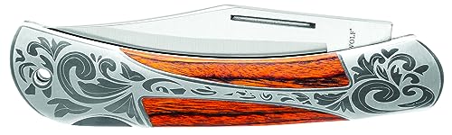 TIMBER WOLF Gentleman’s Lockback Pocket Knife – Razor-Sharp Stainless Steel Blade, Custom Handle with Wooden Inlays, Scroll Design Bolsters – A Practical and Handsome EDC - 7 1/2" Overall