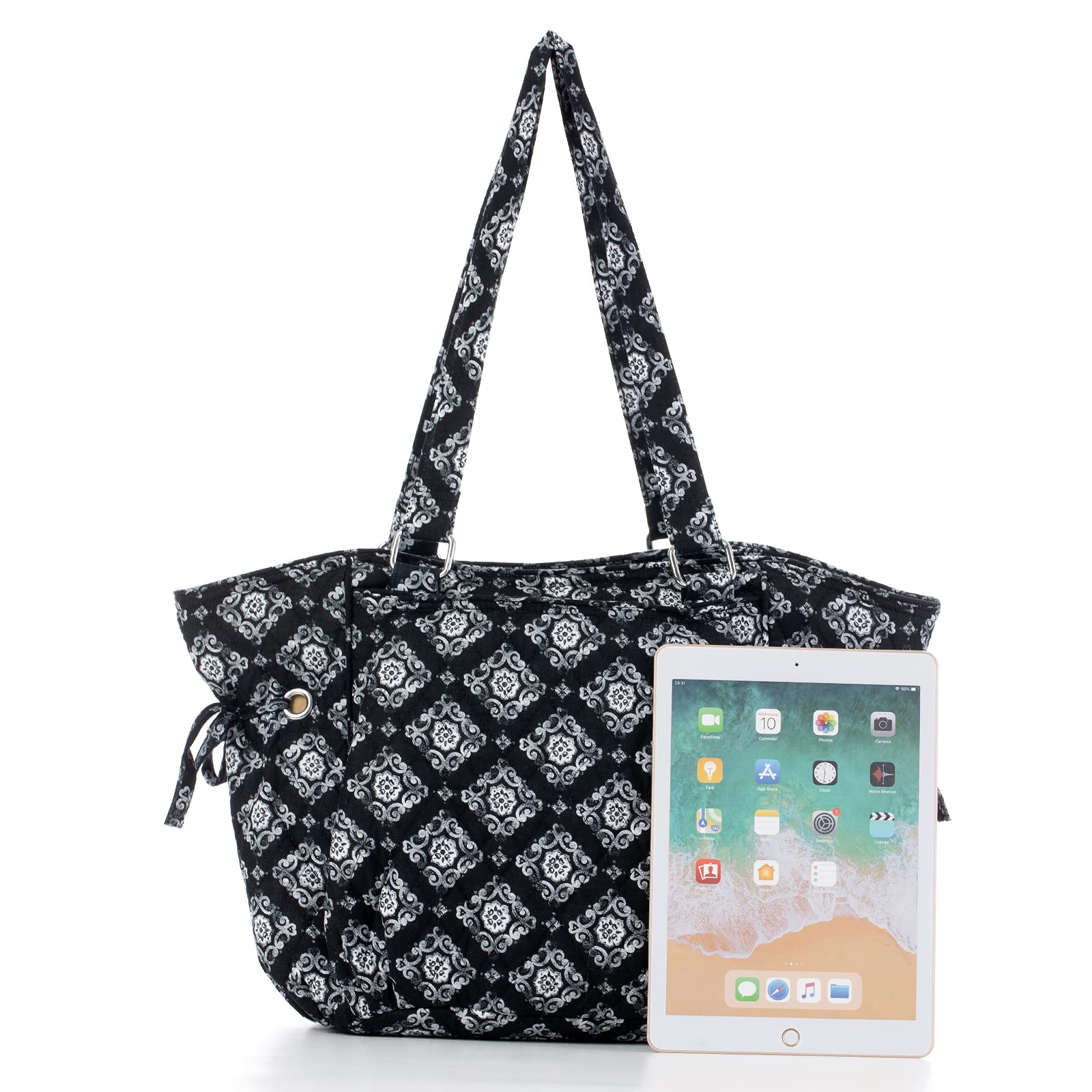 Magou Quilted Tote Bag for Women Signature Cotton Shoulder Bag Lightweight Handbag for Shopping Workout