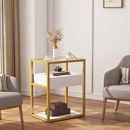 Tribesigns Nightstand Tall Side Table, Modern Simple Style End Table with Drawer and Shelf, Tempered Glass Bedside Table, Metal Frame, 19.6”X15.7”X27.5” (1PC, Gold and White)