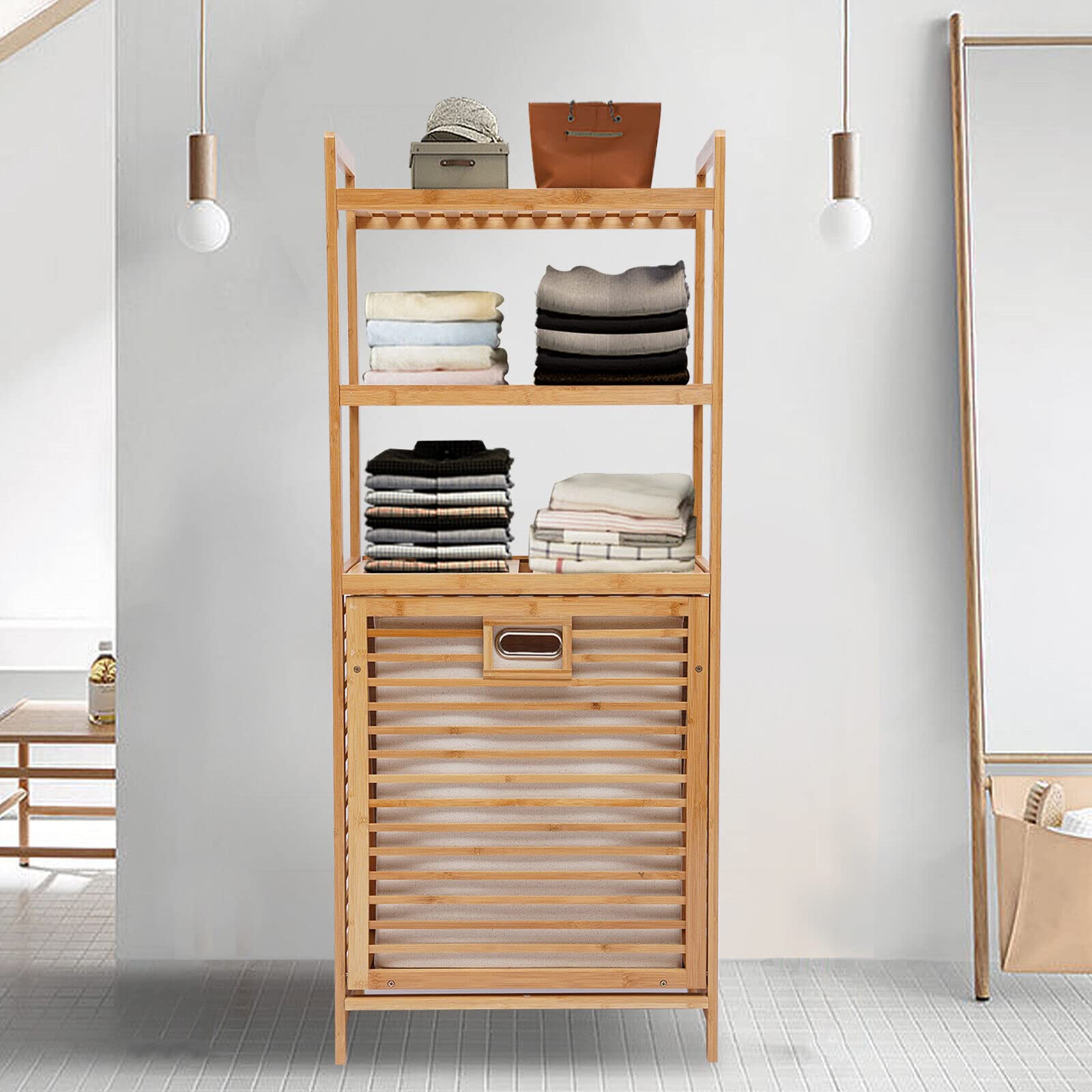 Tilt Out Bamboo Laundry Hamper, Laundry Basket with 3 Shelves Bathroom Cabinet Organizer,4 Tier Shower Caddy Shelf Rack for Bedroom, Bathroom, Closet, Laundry Room