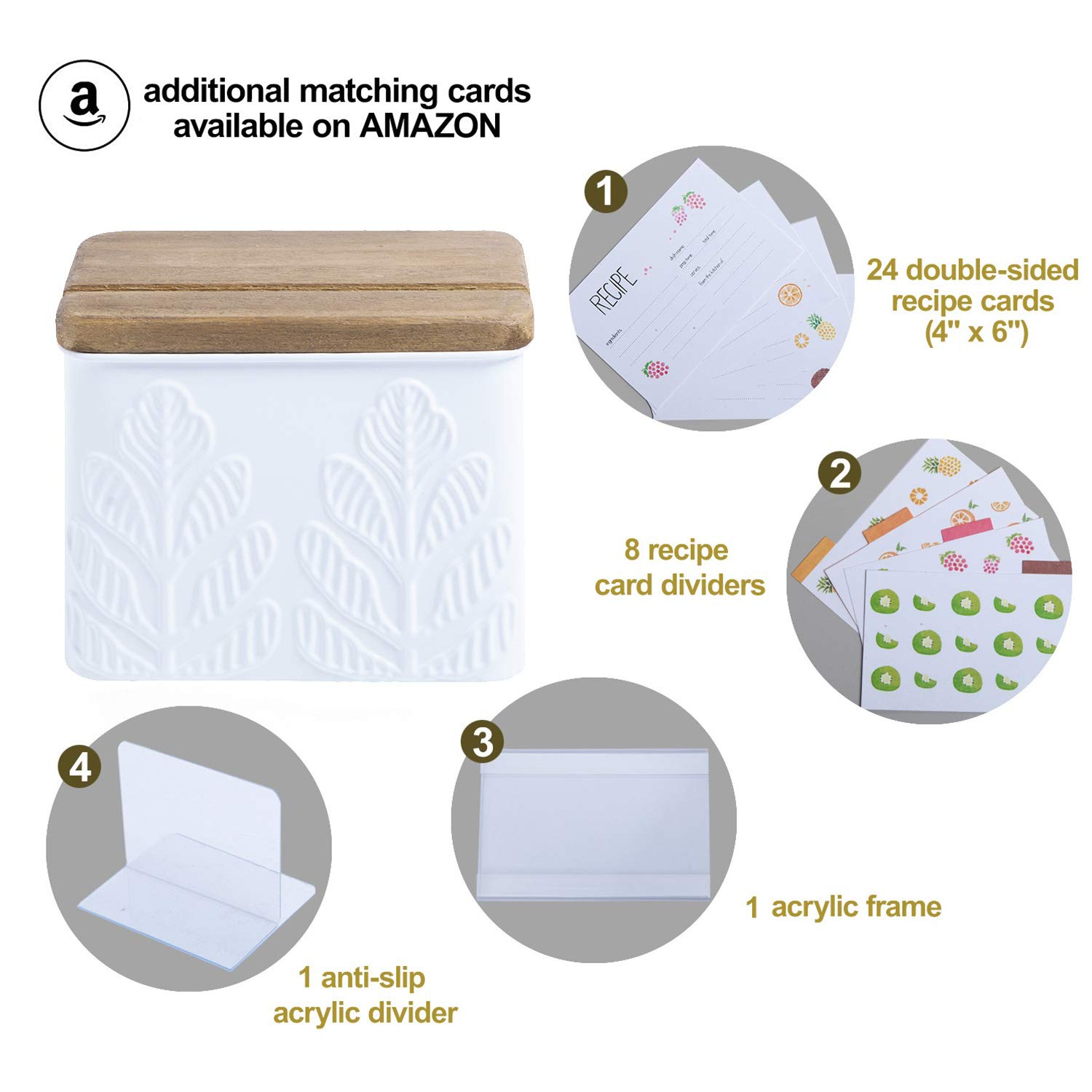 NIKKY HOME 4x6 Kitchen Metal Recipe Organization Box with Cards and Dividers, Plant Embossing Pattern