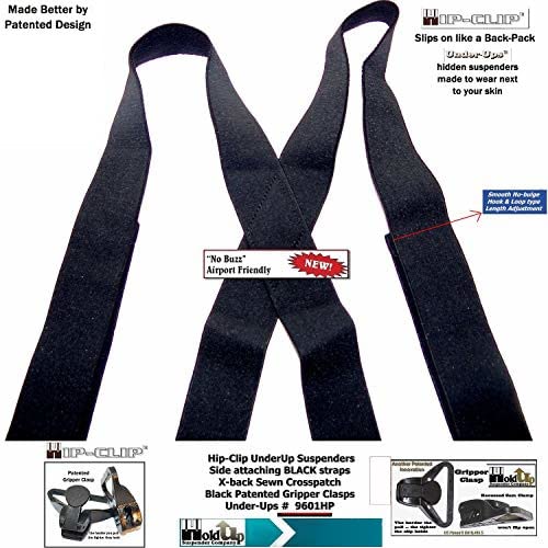 Holdup Black 1 1/2" Hip-Clip Style Under-Ups Suspenders for Men with the Patented Composite plastic Gripper Clasps