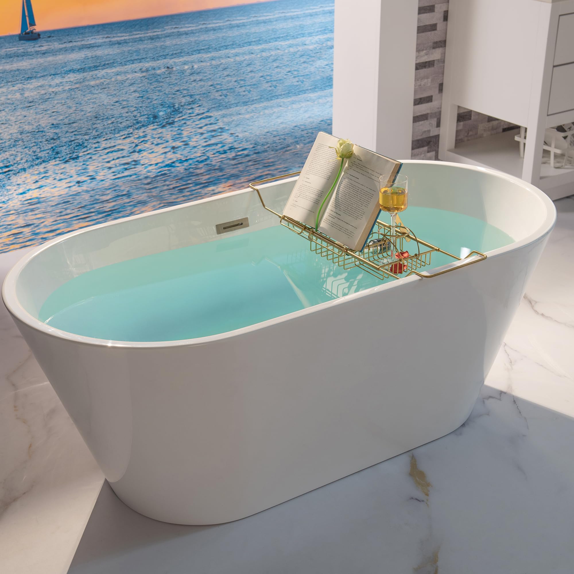 WOODBRIDGE Stainless Steel Extendable Bathtub Caddy Tray in Brushed Gold Finish with Removable Wine Holder, Book and Phone Rack, Bathcad-BG