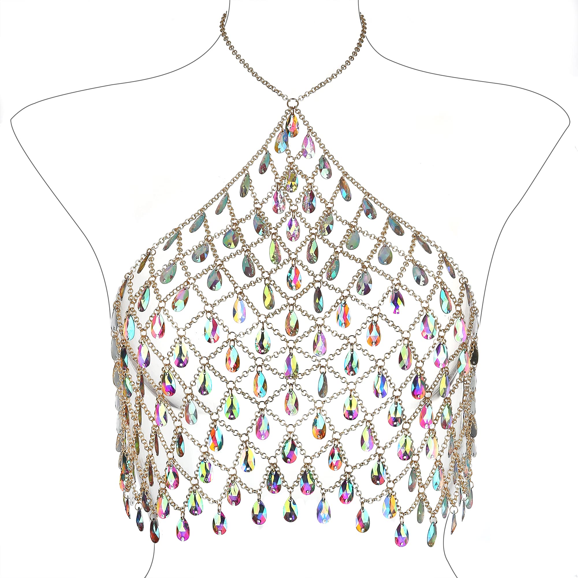 Maijiao Sexy Sequin Body Chain - Party Metal Halter Backless Crop Top Adjustable Chest Chain For Women (Bling crystal top)