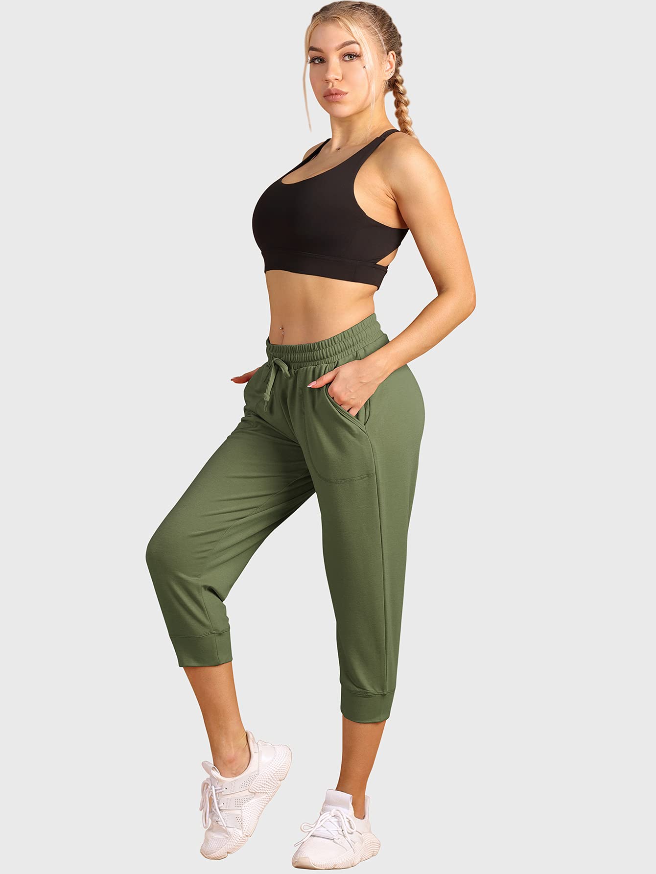 icyzone Women's French Terry Jogger Lounge Sweatpants - Active Capri Pants for Women (Army, M)