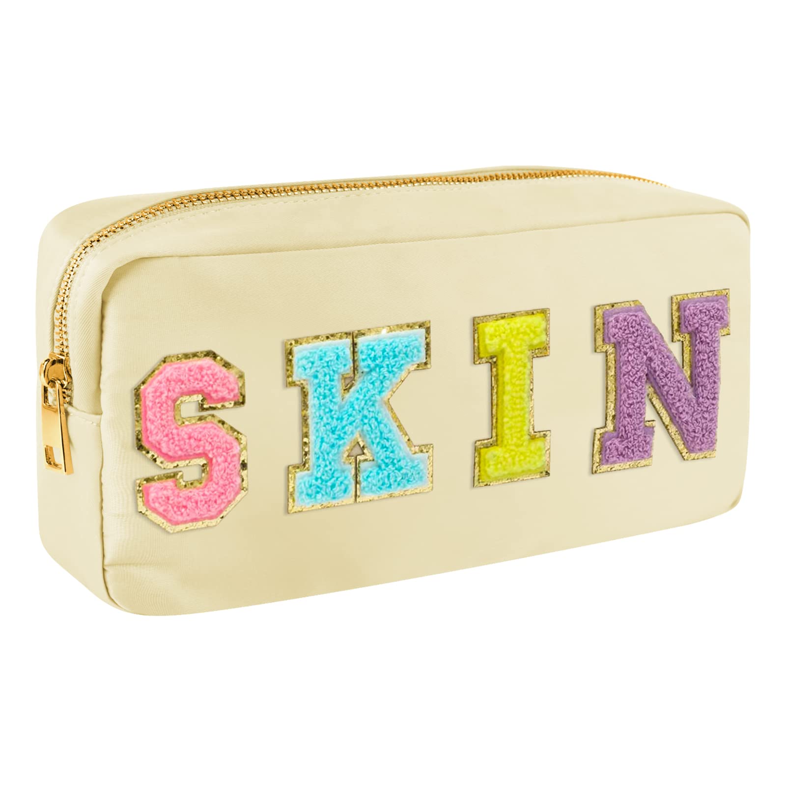 Preppy Patch Makeup Bag-Nylon Cosmetic Preppy Makeup Stuff Bag with Zipper-Varsity Chenille Letter Makeup Travel Organizer Valentines Bag that Kid Valentines Day present for Her and Him
