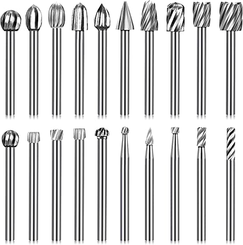 QLOUNI 20pcs Rotary Bit Burrs Set HSS Tungsten Carbide Wood Milling Burrs with 1/8āā(3mm) Shank for DIY Woodworking, Carving, Engraving, Drilling