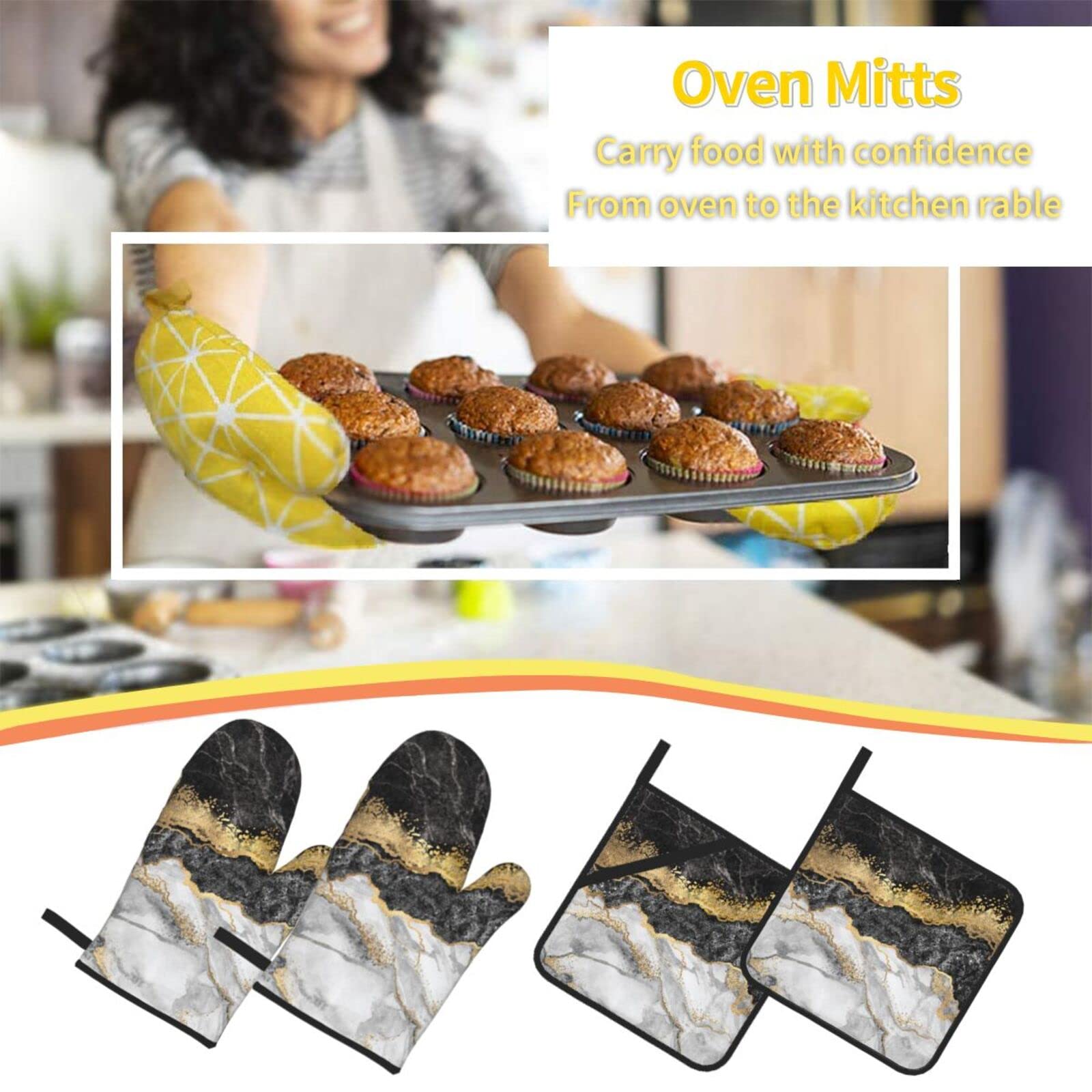 Marble Oven Mitts and Pot Holders 4pcs Sets,Funny Kitchen High Heat Resistant Oven Mitts,with Oven Gloves and Hot Pads Pot Holders for Baking Cooking BBQ Grilling