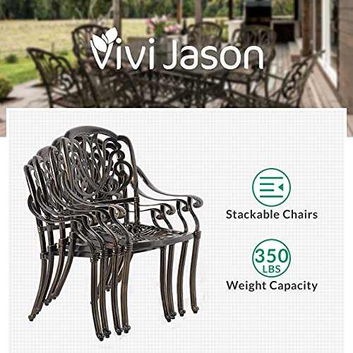 VIVIJASON 7 Pieces Cast Aluminum Outdoor Furniture Dining Set, Include 6 Chairs and a Rectangle Table with 2" Umbrella Hole, Patio Conversation Set for Lawn Garden Porch