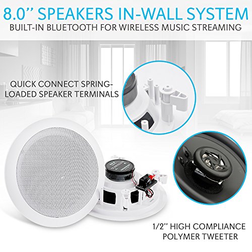 Pyle Pair 8β Bluetooth Flush Mount In-wall In-ceiling 2-Way Universal Home Speaker System Spring Loaded Quick Connections Polypropylene Cone Polymer Tweeter Stereo Sound 250 Watts , White,Single.