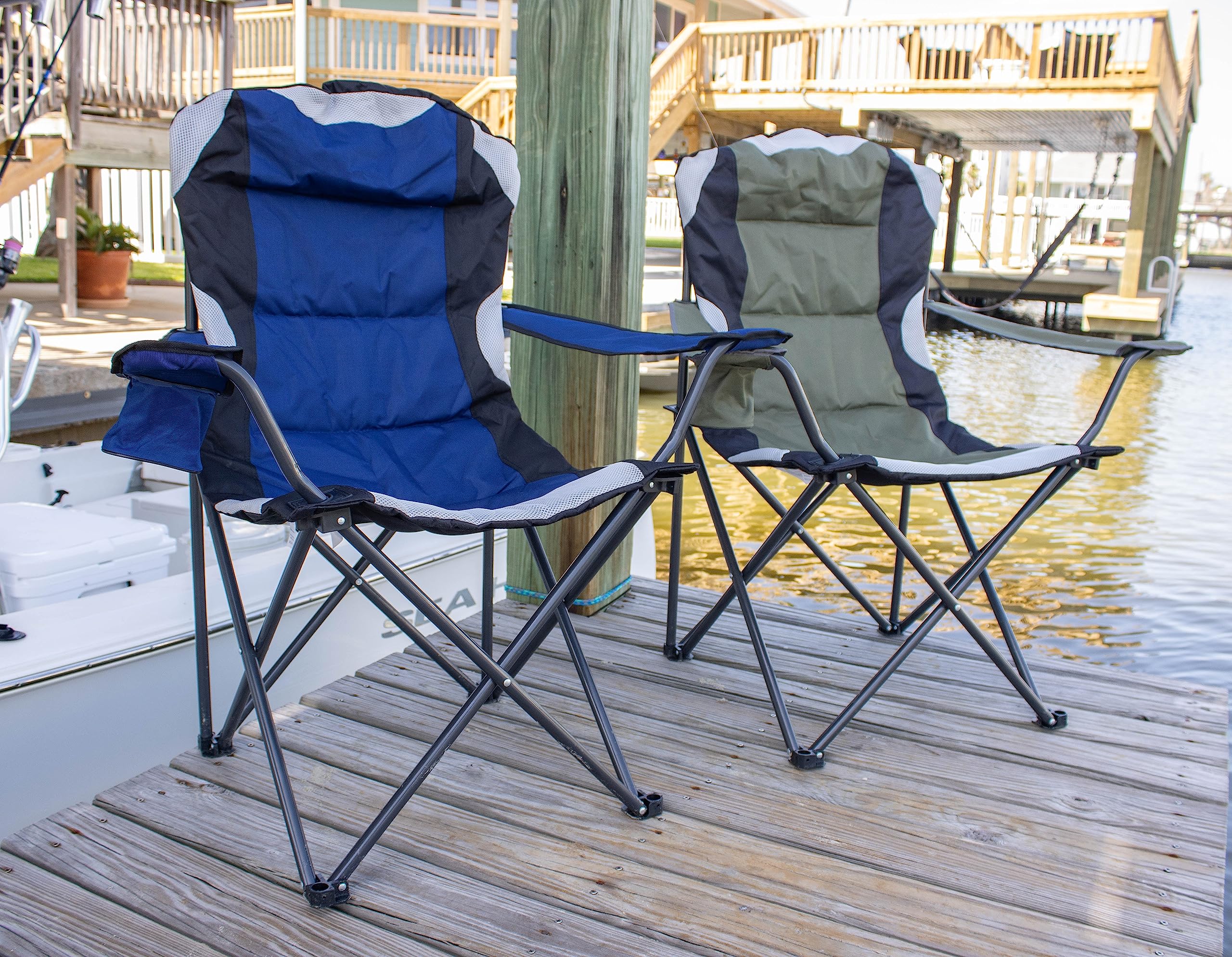 Internet's Best 2 Pack Padded Camping Folding Chair - Outdoor - Green - Sports - Cup Holder - Comfortable - Carry Bag - Beach - Quad
