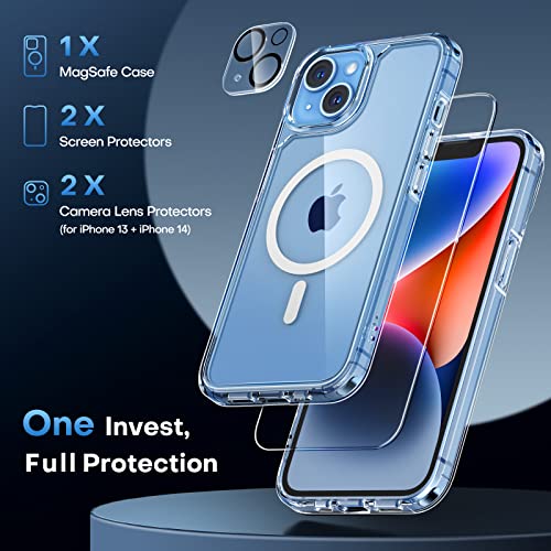 TAURI 5-in-1 Magnetic for iPhone 13 Case for iPhone 14 Case [Designed for Magsafe], with 2X Screen Protectors +2X Camera Lens Protectors, [Not-Yellowing] Magnetic Phone Case for iPhone 13/14, Clear
