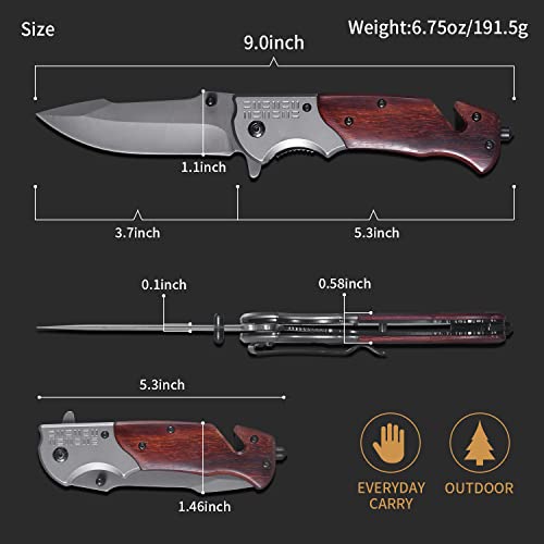 sharpken Pocket Knife for Men Women, Folding Knife with Clip + Seatbelt Cutter + Glass Breaker + Wood Handle
