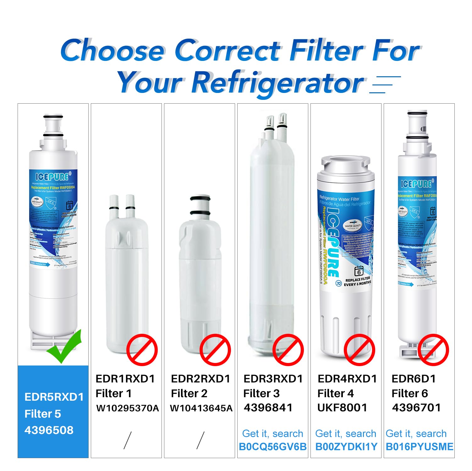 ICEPURE 4396508 Refrigerator Water Filter Compatible with Whirlpool 4396508, 4396510, Filter 5, EDR5RXD1, NL240V, WFL400, LC400V, 4392857, RWF0500A 1PACK
