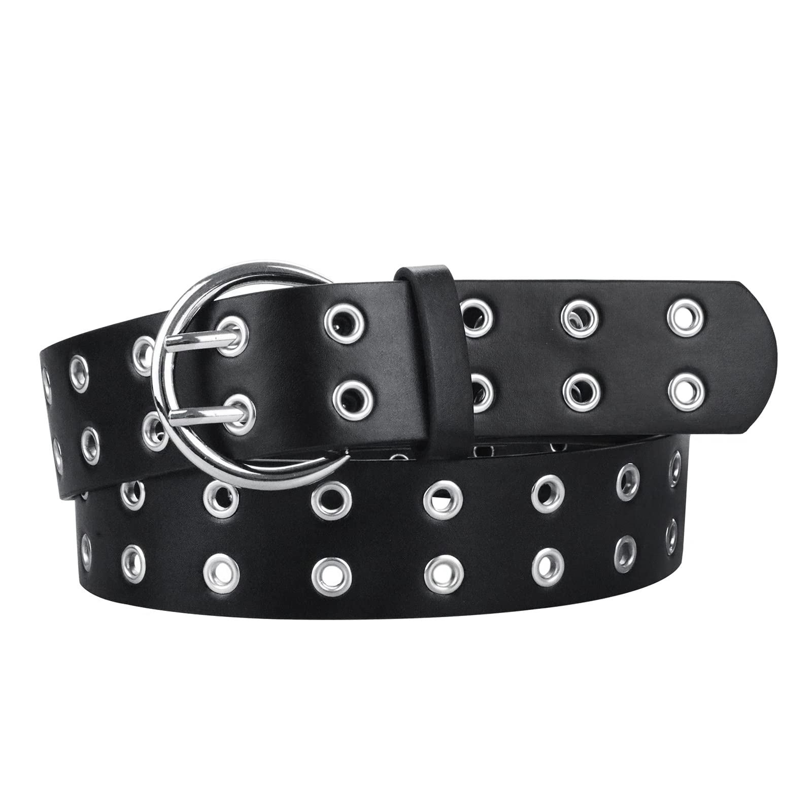 maikun Grommet Leather Belts for Women, Cute Black Belt, Studded Belt Punk Accessories,43" long, fit for waist size under 36"