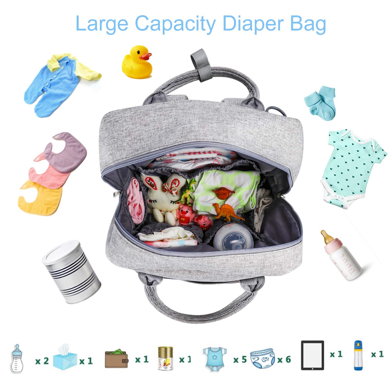 Iduola Land Diaper Bag Backpack Large Capacity Waterproof Baby Travel Bag for Dad Mom Light Grey