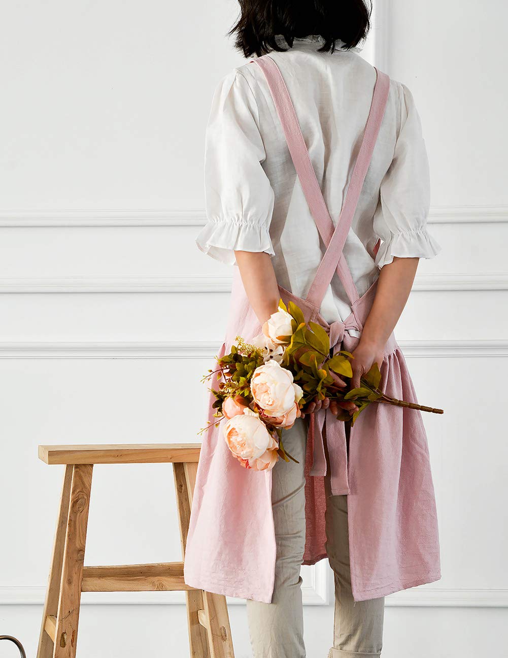 NEWGEM Cotton Linen Cross Back Apron for Women with Pockets for Baking Painting Pink with Waist Ties