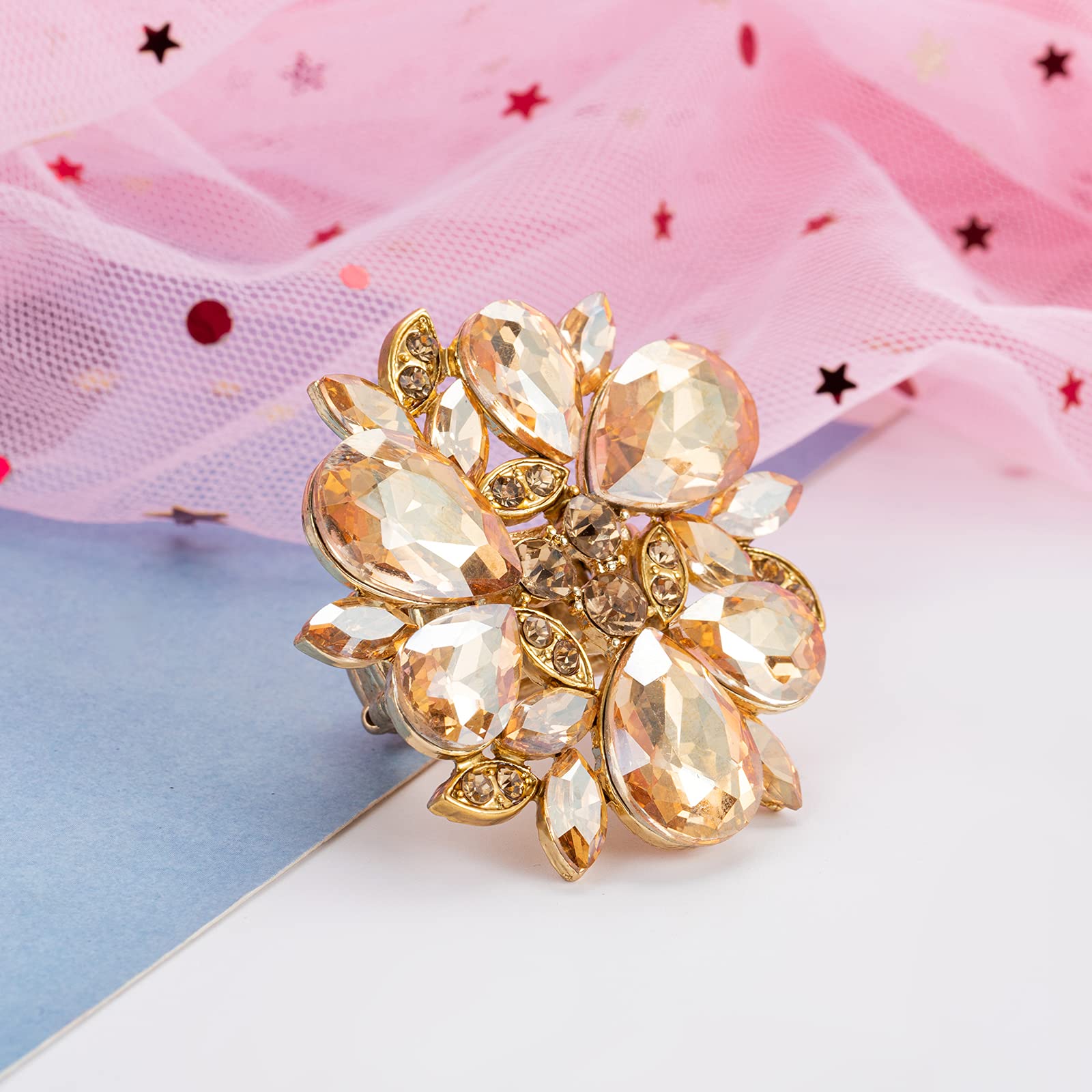 Liye Women's Dazzling Crystal Flower Stretch Cocktail Stunning Valentine's Day Crystal Pave Flower Stretch Cocktail Ring(Style2-Champagne)