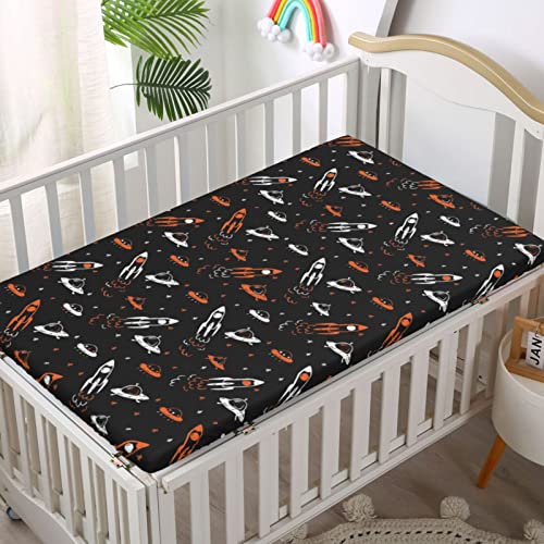 Space Themed Fitted Mini Crib Sheets,Portable Mini Crib Sheets Soft Toddler Mattress Sheet Fitted-Crib Mattress Sheet or Toddler Bed Sheet,24β x38β,Orange White Black