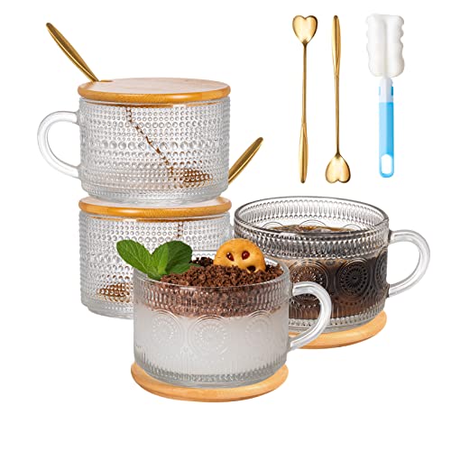 megarte Vintage Glass Coffee Mugs - 14 Oz Embossed Glass Mugs with Bamboo Lids and Golden Spoons Set Of 4 - Coffee Cups for Cappuccino, Latte, Cereal, Yogurt, Tea Christmas Thanksgiving Gifts