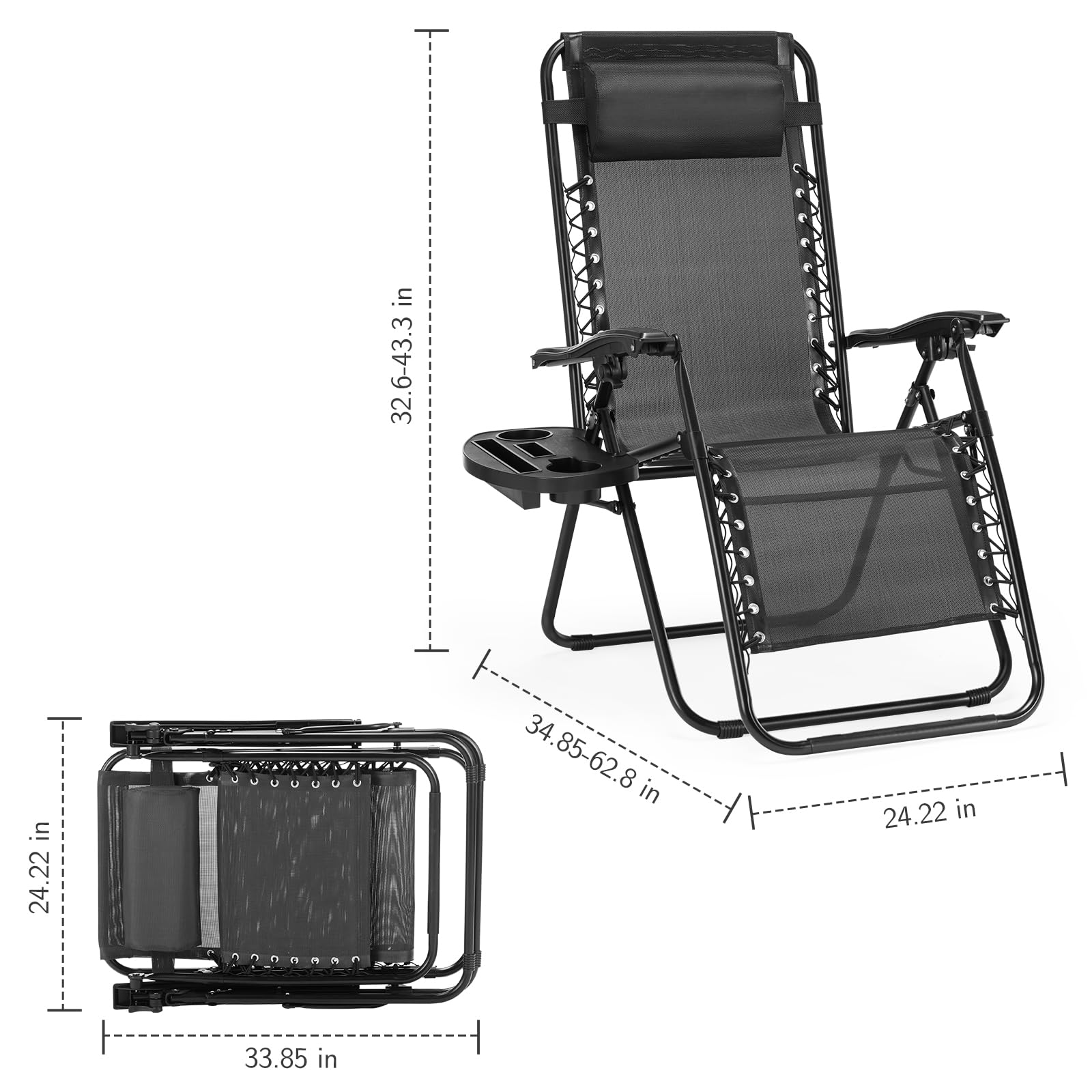 Sweetcrispy Zero Gravity Chairs, Set of 2 Portable Recliner Beach Camping Patio Outdoor Folding Lounge Chair with Cup Holder Trays and Adjustable Pillow for Poolside, Garden, Backyard, Lawn (Black)