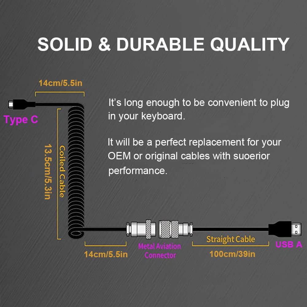 Rocketek Custom Coiled USB C Cable for Gaming Keyboard, Double-Sleeved Mechanical Keyboard Cable with Detachable Metal Aviator, 1.5M USB-C to USB-A Extendable Spring Cable