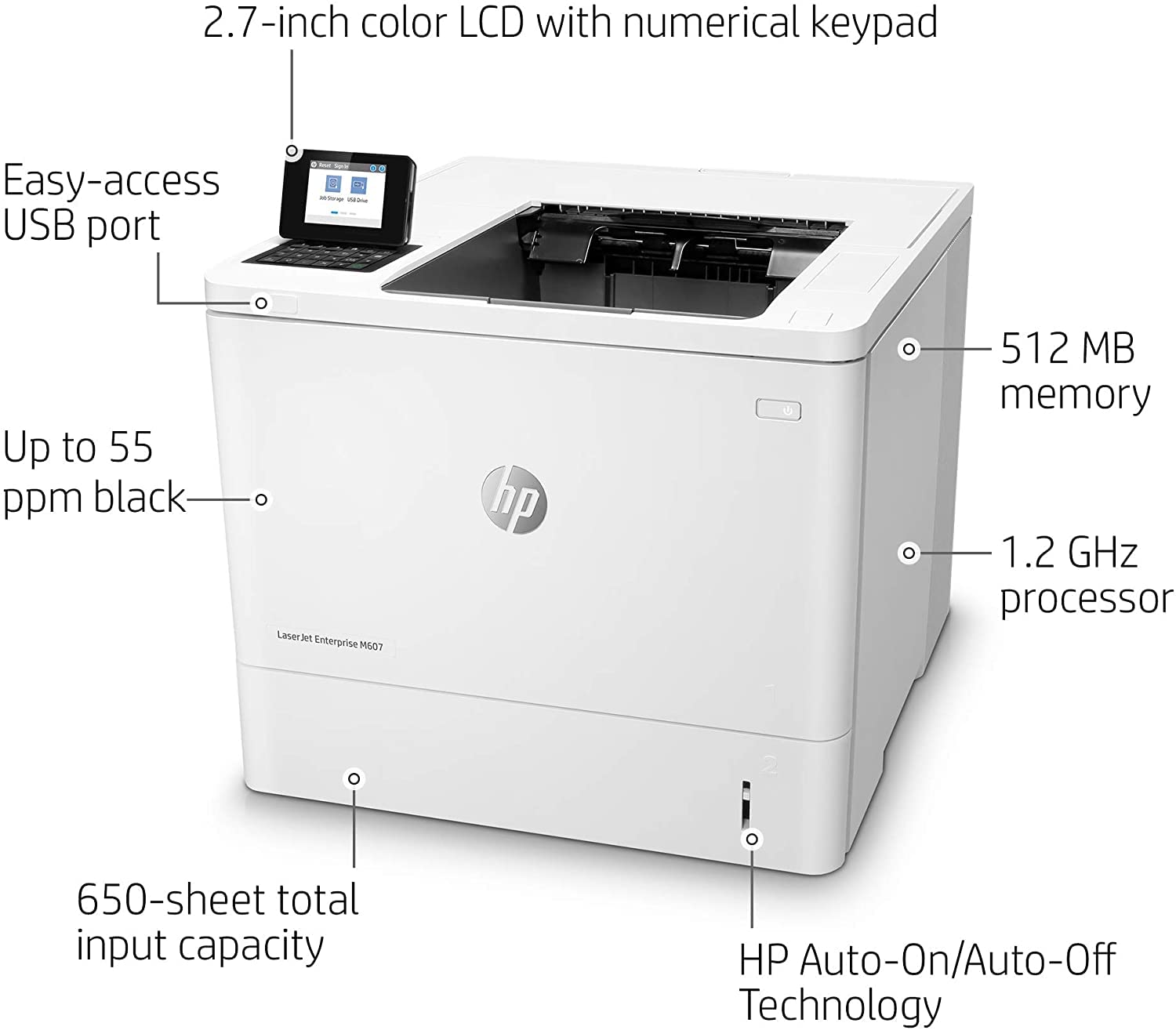 HP Laserjet Enterprise M607 n Single-Function Wired Monochrome Laser Printer, White - Print Only - 2.7" LCD, 55 ppm, 1200 x 1200 dpi, 1.5GB Memory, USB 2.0 and Ethernet Connectivity