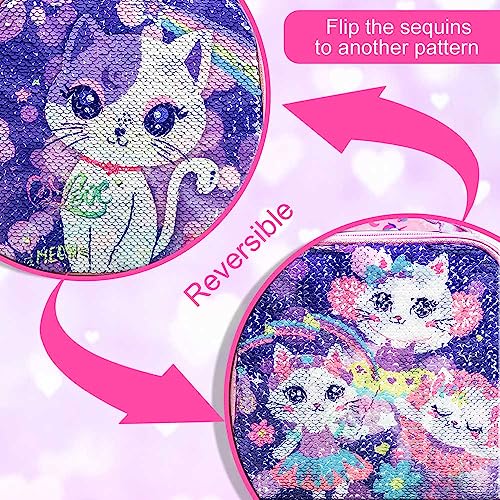 UFNDC 4PCS Rolling Backpack for Girls, Kids Cat Sequin Wheeled Bookbag ,Travel Roller School Bag with Wheels