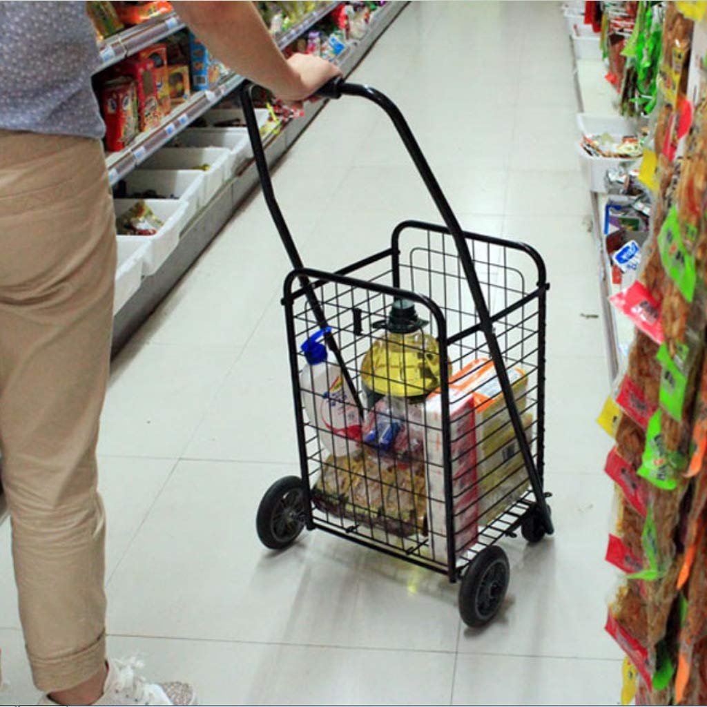 Shopping Trolley on Wheels Multi Function Shopping Cart Portable Folding Wrought Iron Trolley Luggage Trailer Special Spray Treatment Intimate Basket Buckle Storage Hand Trucks,Black,88Cm
